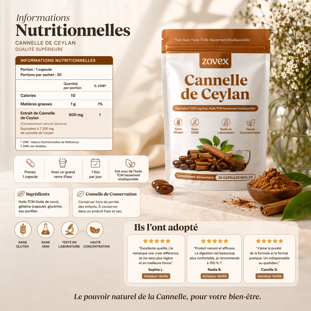 Cannelle de Ceylan 7200 mg équivalent avec huile MCT – Zovex